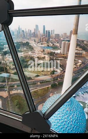 looking out over the lower sphere and the city skyline from the Kuwait ...