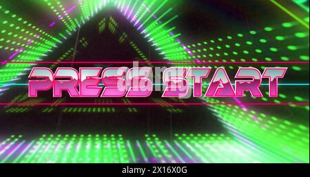Image of press start text banner against neon green triangular tunnel ...