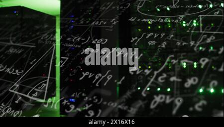 Image of mathematical equation and diagrams against illuminated server ...