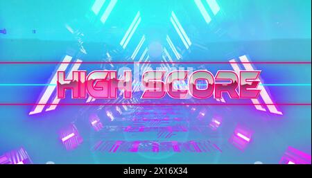 Image of high score text banner against neon tunnel in seamless pattern ...