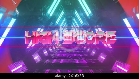 Image of high score text banner against neon abstract shapes in ...