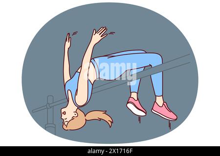 Woman athlete makes high jump over bar wanting to win sport competition ...