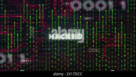 Image of hacked text, binary coding and data processing over dark ...