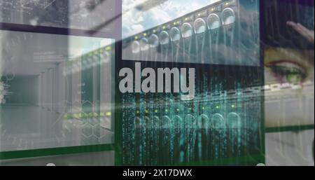 Image of flashing lights on computer server over colourful clips ...