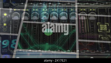 Image of flashing lights on computer server over colourful clips ...
