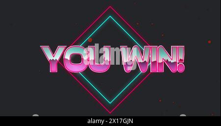 Image of you win text in metallic letters over pink and blue triangles ...