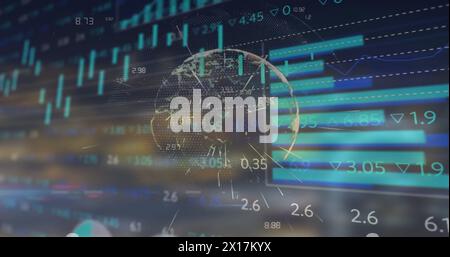 Image of data processing, diagrams and stock market over black ...