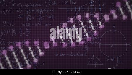 Image of mathematical equations over dna strand on black background ...