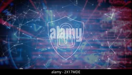 Image of connections, data and digital shield with padlock on blue ...