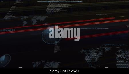 Image of glitch technique over maps, radars and computer language ...