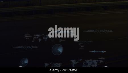 Image of glitch technique over maps, radars and computer language against black background Stock ...