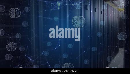 Image of ai brains over networks, data and technician working with computer in server room Stock ...