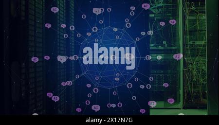 Image of global network of ai chatbot icons rotating over dark computer server room Stock Photo ...