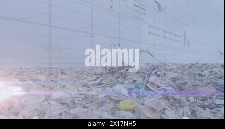 Image of grid pattern with graphs moving and birds flying over garbage ...