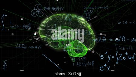 Image of data processing and human brain model on blue background Stock ...