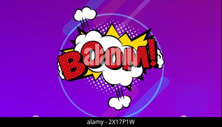 Image of retro boom text and abstract shapes moving on over dark ...