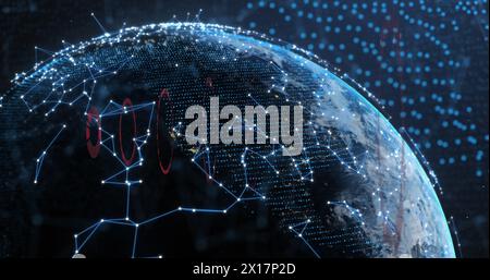 Image of round scanners and network of connections over spinning globe against blue background ...