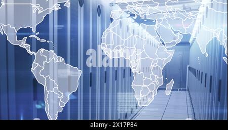 Image of map, computer language and lens flares over server room in ...