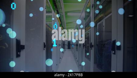 Image of binary codes and falling lens flares over server room in ...
