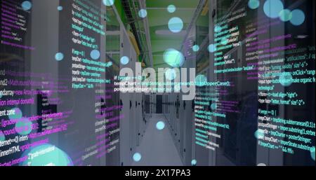 Image of computer language and lens flares over data server racks in ...