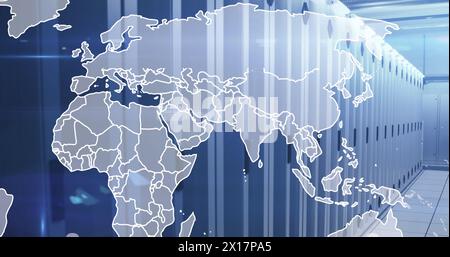 Image of map, computer language and lens flares over server room in ...