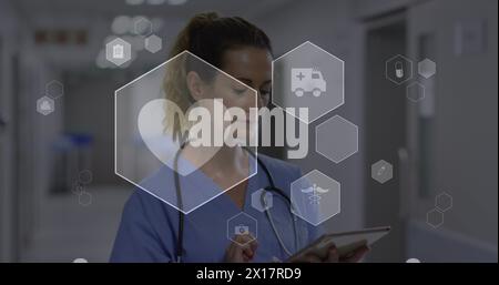 Image of falling medical icons over caucasian male doctor Stock Photo ...