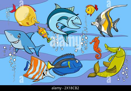 Cartoon illustrations of marine animal characters group underwater ...