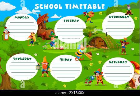 Education timetable schedule with cartoon fairy houses, vector ...