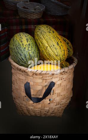 Green speckled melons in a straw basket in the view Stock Photo - Alamy