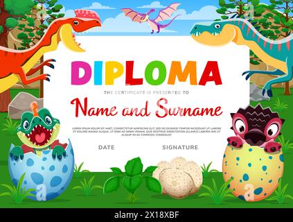 Kids diploma, cartoon funny dinosaur reptiles and dino eggs. Vector ...