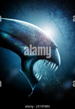 Alien, nightmare and scary creature as illustration with red eyes or ...