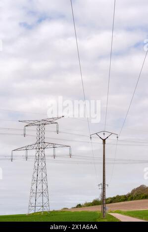 Route D 40, electricity pylons are vertical supports carrying the ...