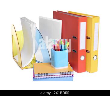 Office folders and stationery on color wooden background Stock Photo ...