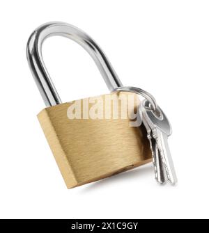 Modern padlock with keys on yellow background, flat lay. Space for text ...