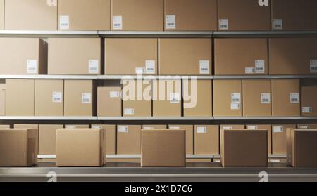 Many boxes on the conveyor belt at the warehouse and storage racks ...