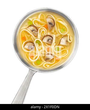Ladle with instant noodle soup with mushrooms isolated on white ...