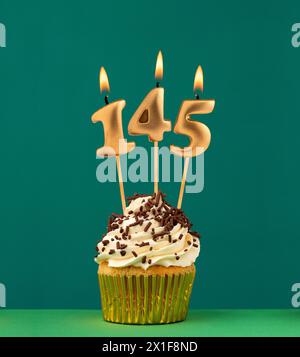 Birthday card with number 145 candle, cupcake and balloons Stock Photo ...