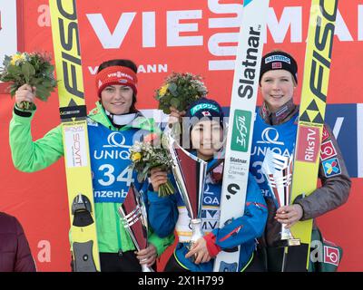Winner Carina Vogt of Germany in action during the ski jumping event at ...