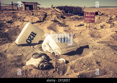 Contaminated water cans in danger and toxic desert. Empty plastic water ...