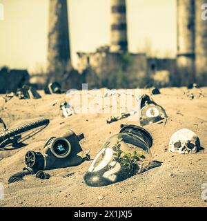 Bizarre jar with plant in post apocalyptic city. Destroyed and polluted ...