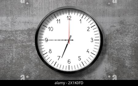Time at quarter to 8 o clock - classic analog clock on rough concrete ...