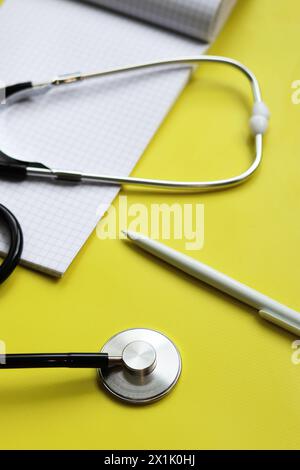 Medical stethoscope notepad pen on wood board medicine concept Stock ...