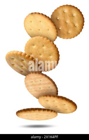 Tasty dry round crackers falling on white background Stock Photo - Alamy