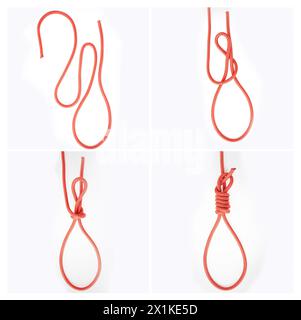 knot, instruction or steps to tie ropes and material on white ...