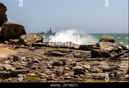 Fisheries Research vessel heading through the choppy, green seas off ...