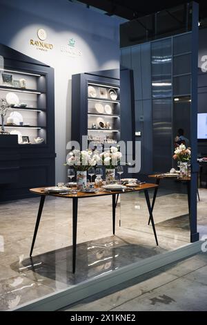 A general view of a fair stand at the Salone Internazionale del Mobile ...