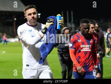 Rangers goalkeeper Jack Butland reacts after Falkirk's Henry Cartwright ...
