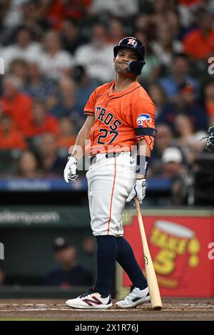 Houston Astros second base Jose Altuve (27) reacts after striking out against the Toronto Blue ...