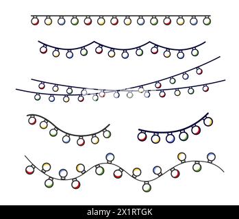 Christmas garland with round colored lights. Watercolor seamless ...