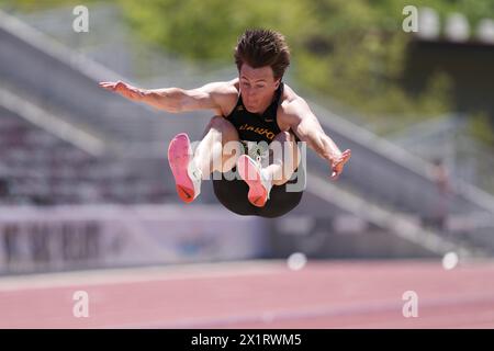 Austin West of Iowa jumps 25-2 (7.67m) in the decathlon long jump ...